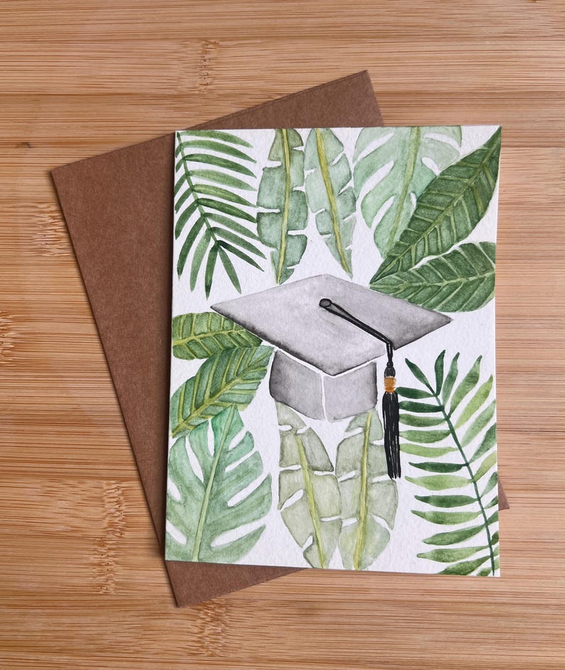 Original Hand Painted Watercolor Tropical Greenery Graduation Card ...