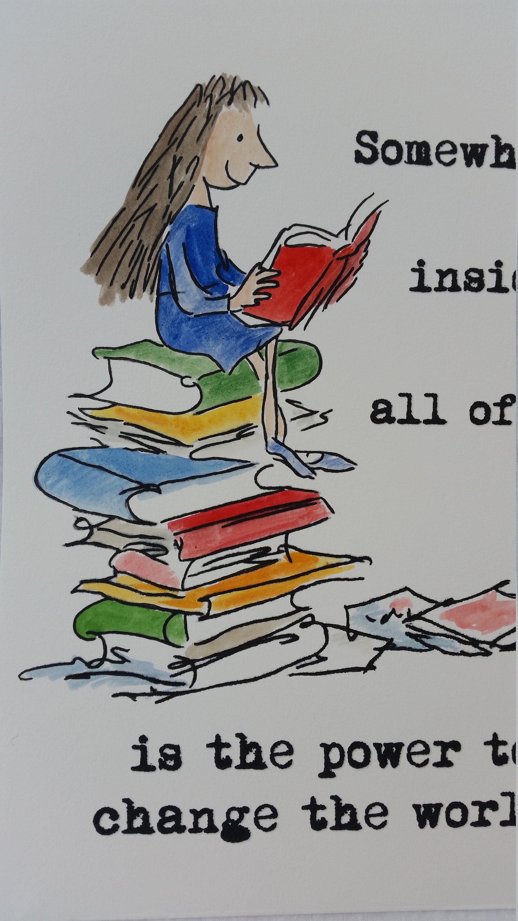 Hand Painted Matilda Reading on Pile of Books Quote and - Etsy