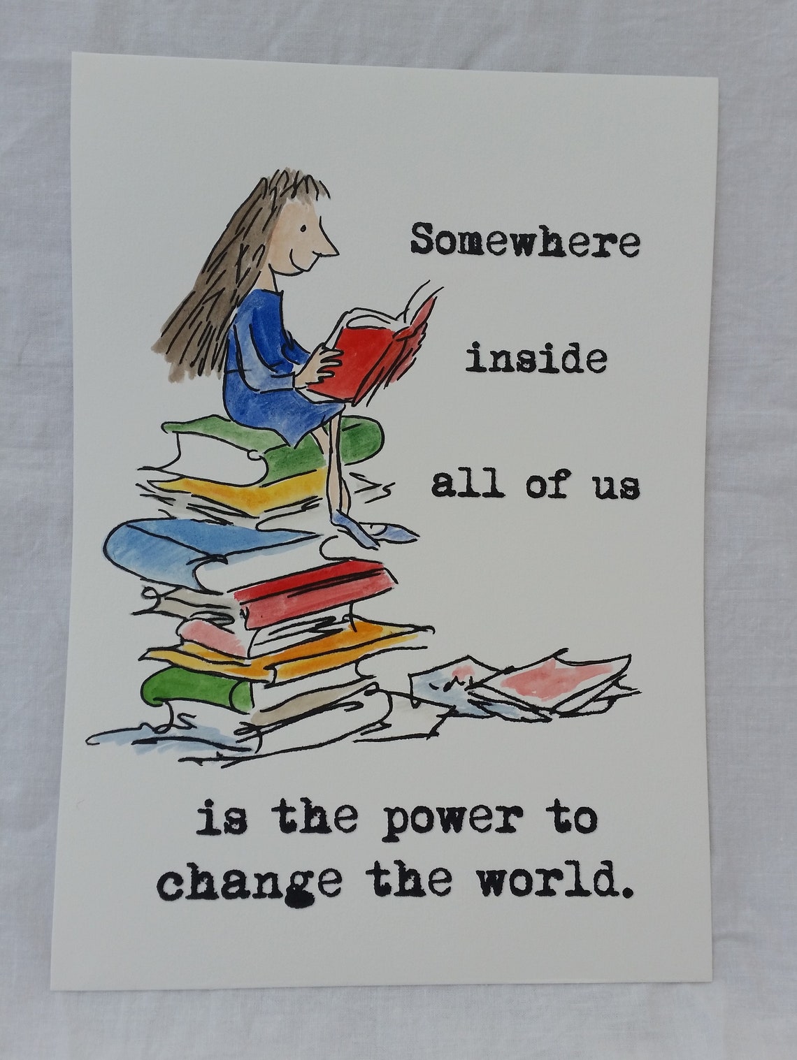 Hand Painted Matilda Reading on Pile of Books Quote and | Etsy