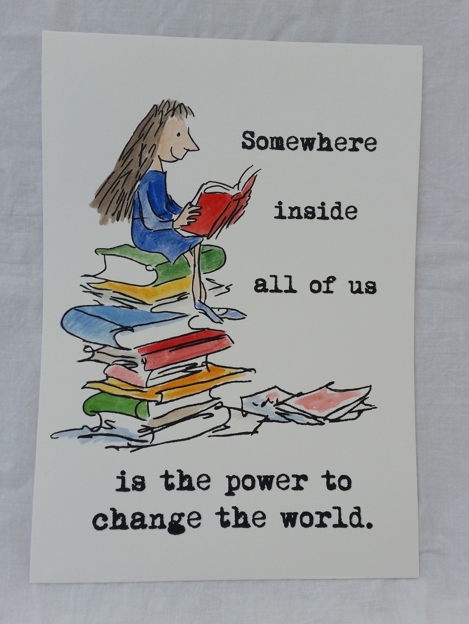 Hand Painted Matilda Reading on Pile of Books Quote and | Etsy