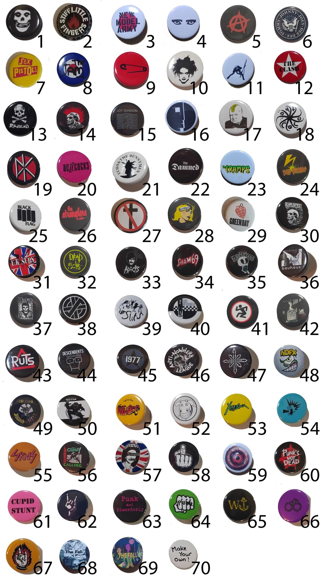 Punk Rock Button Back Pins Small 1 Inch 2.5cm Music Band Fan Art Custom ...