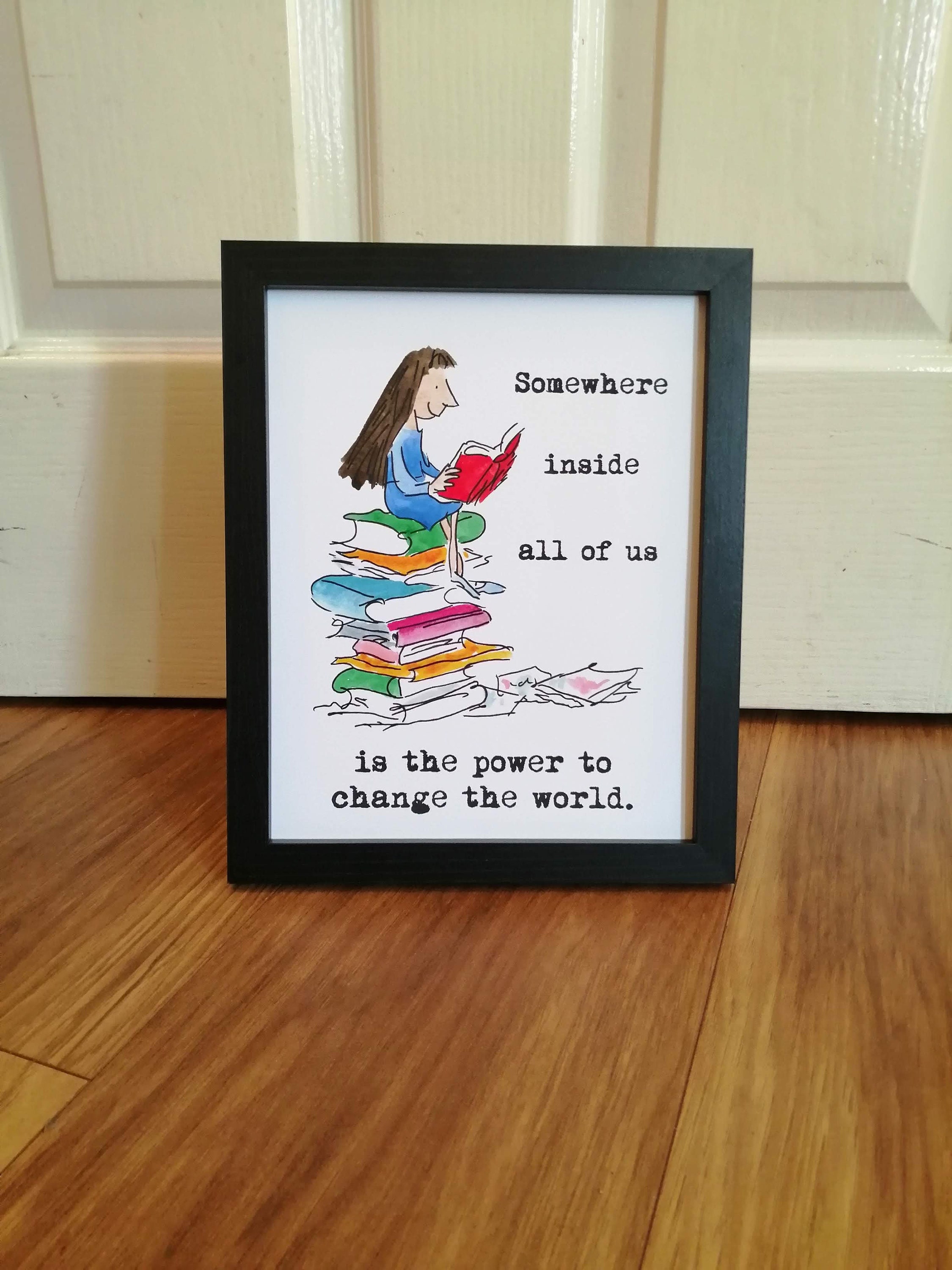 Hand Painted Matilda Reading on Pile of Books Quote and Watercolour ...