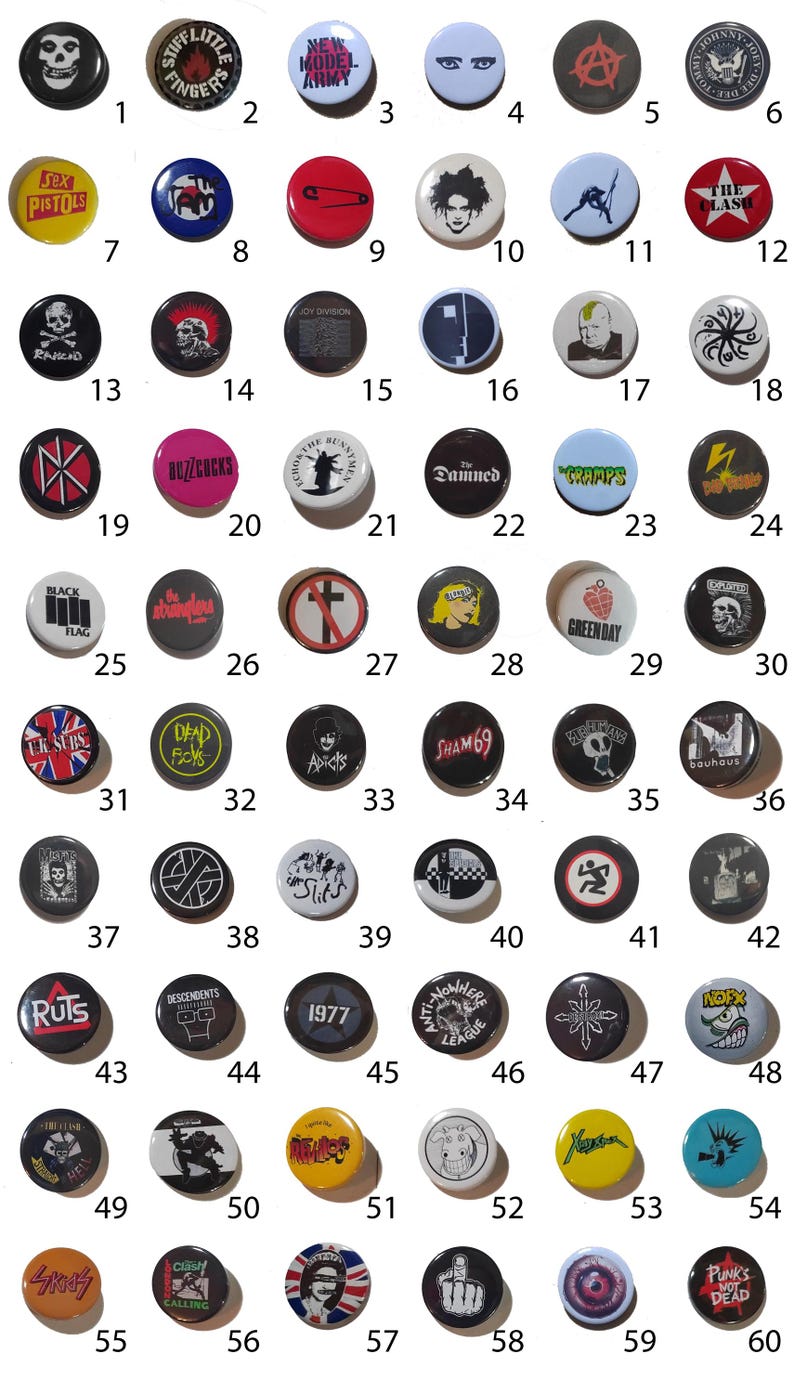 5 X Punk Pinback Button Pins, Set Band Pins, Music Pins, DIY Pins 25mm ...