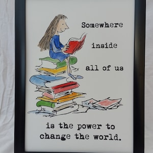 Hand Painted Matilda Reading on Pile of Books Quote and Watercolour ...