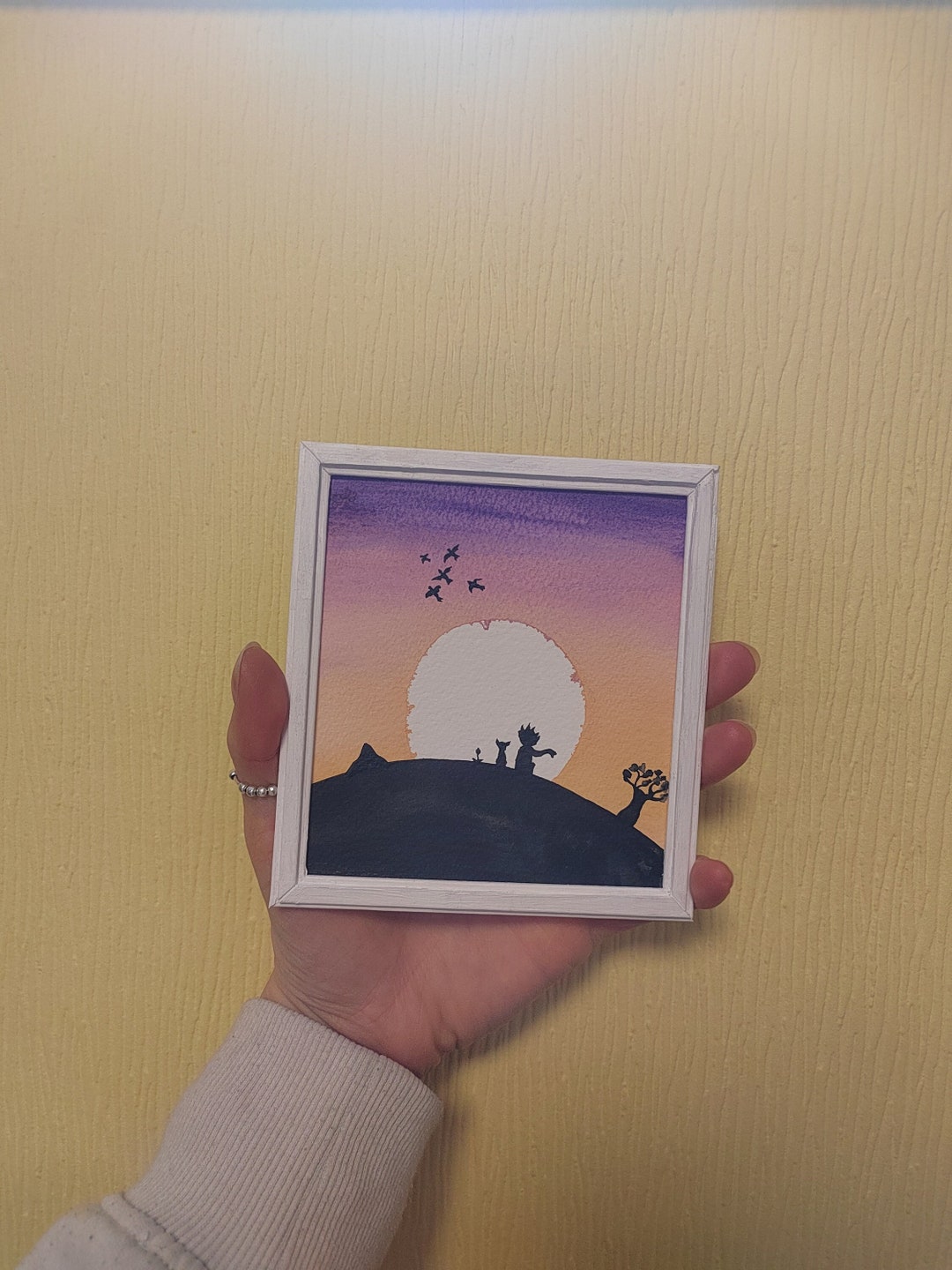 Original Art Watercolour the Little Prince Sunset Moon Birds Fox Rose ...