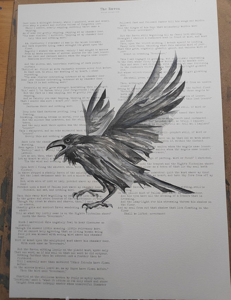 The Raven Poem & Original Art Watercolour Painting Hand Painted Edgar ...