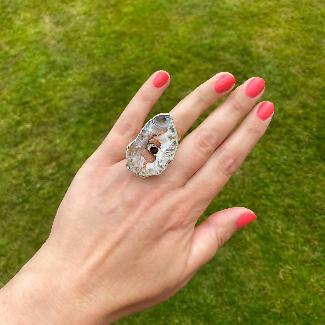 Geode Ring, Garnet Gemstone, Sterling Silver, Adjustable Ring, Agate ...