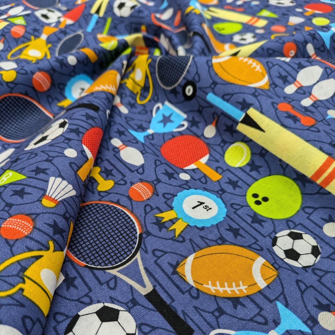 Sports Cotton Fabric by the Meter Bowling, Rugby, Football, Soccer ...