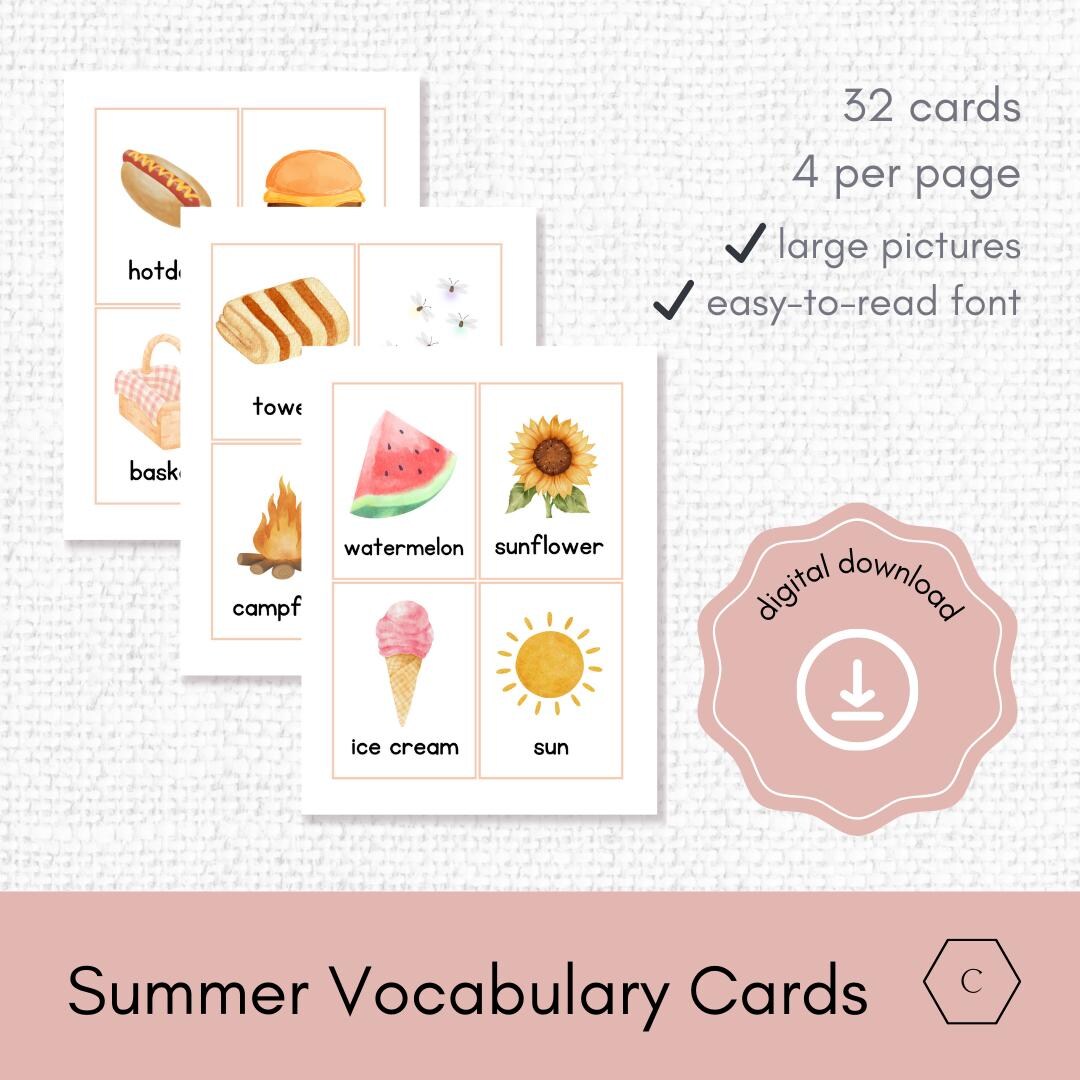 Summer Vocabulary Cards (watercolor), Printable Preschool and ...