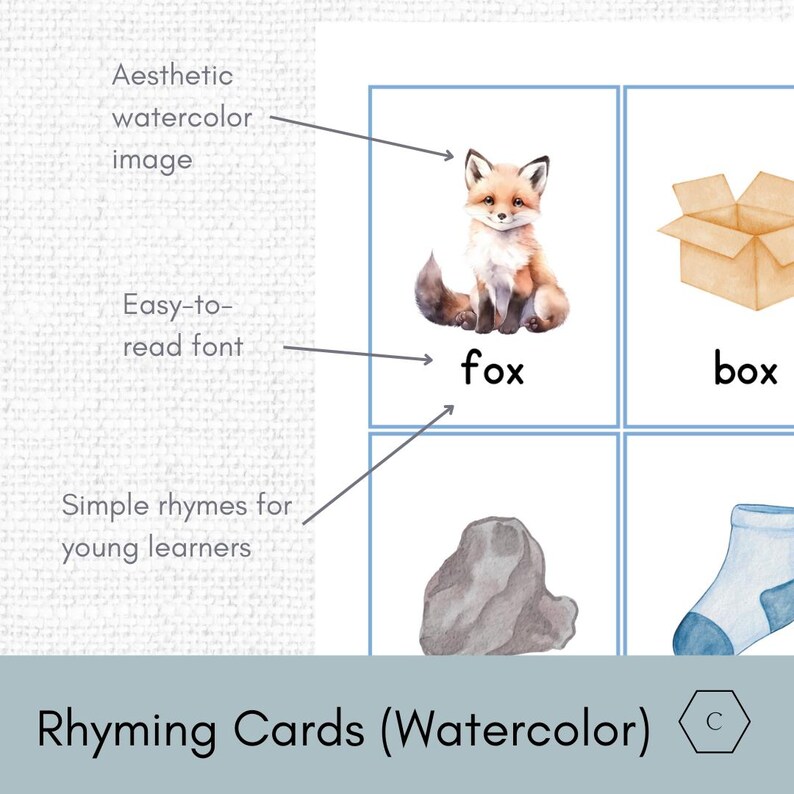 Rhyming Cards (watercolor), Printable Preschool Rhyming Flash Cards ...