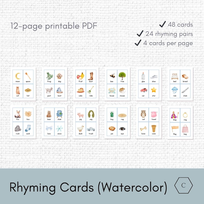 Rhyming Cards (watercolor), Printable Preschool Rhyming Flash Cards ...