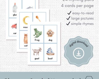 Rhyming Cards (watercolor), Printable Preschool Rhyming Flash Cards ...