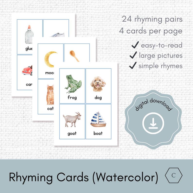 Rhyming Cards (watercolor), Printable Preschool Rhyming Flash Cards ...