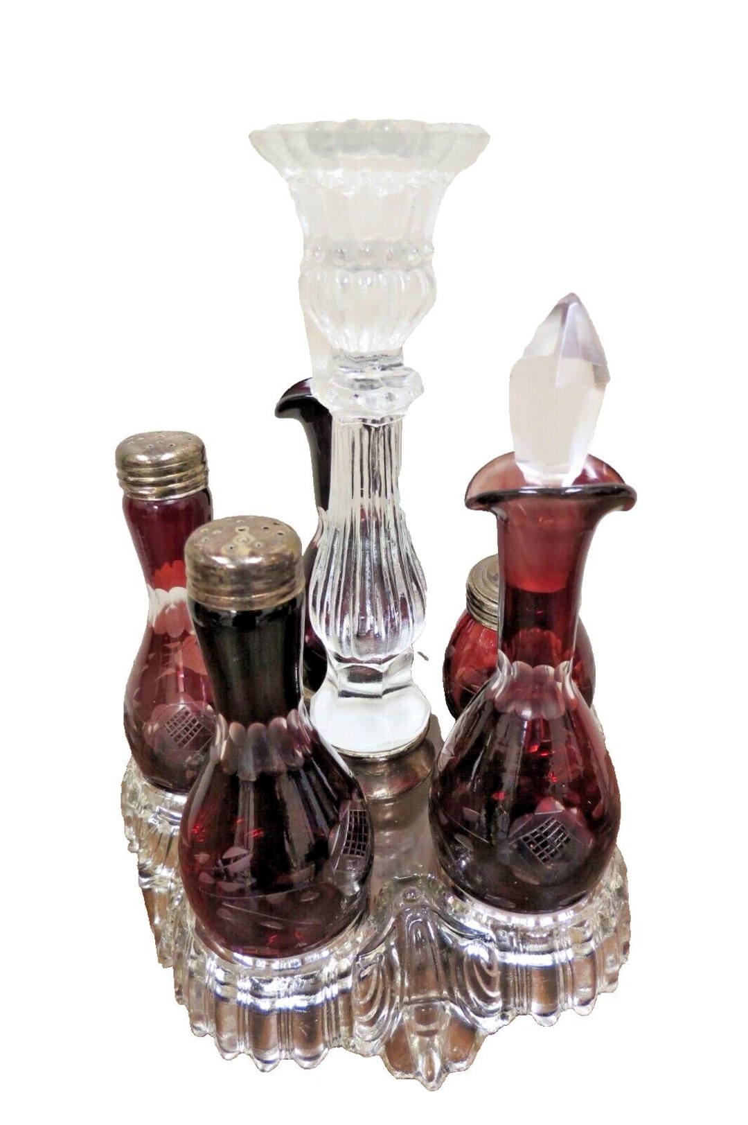 Vintage Ruby Red Etched Cranberry Glass Cruet Set With Crystal Base - Etsy