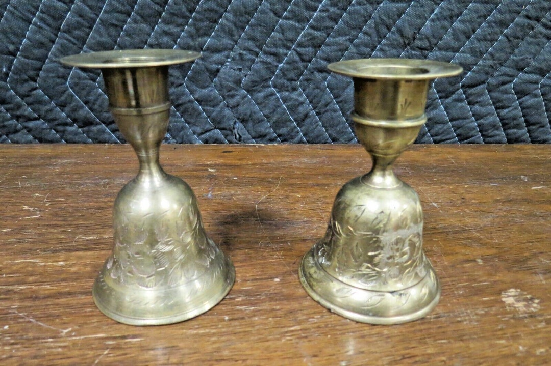 2 Vintage Etched Brass Ringing Bell Candlestick Candle Holders Floral ...