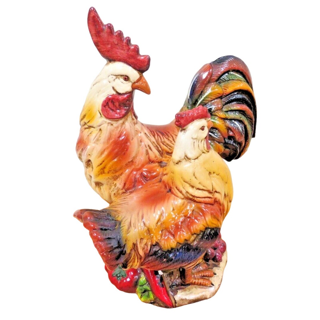Vintage Ceramic 2 Chickens Rooster Painted Statue Figurine 14 Tall ...