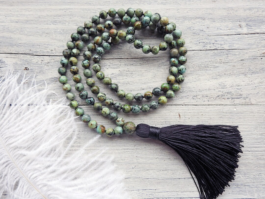 African Turquoise Mala Beads / Men Mala Necklace 108 / Long Bead Tassel ...