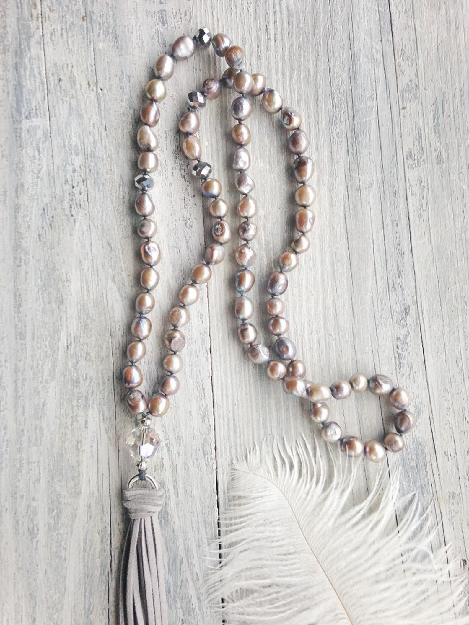 Knotted Pearl Necklace Tassel Gray Freshwater Pearl Silver Etsy