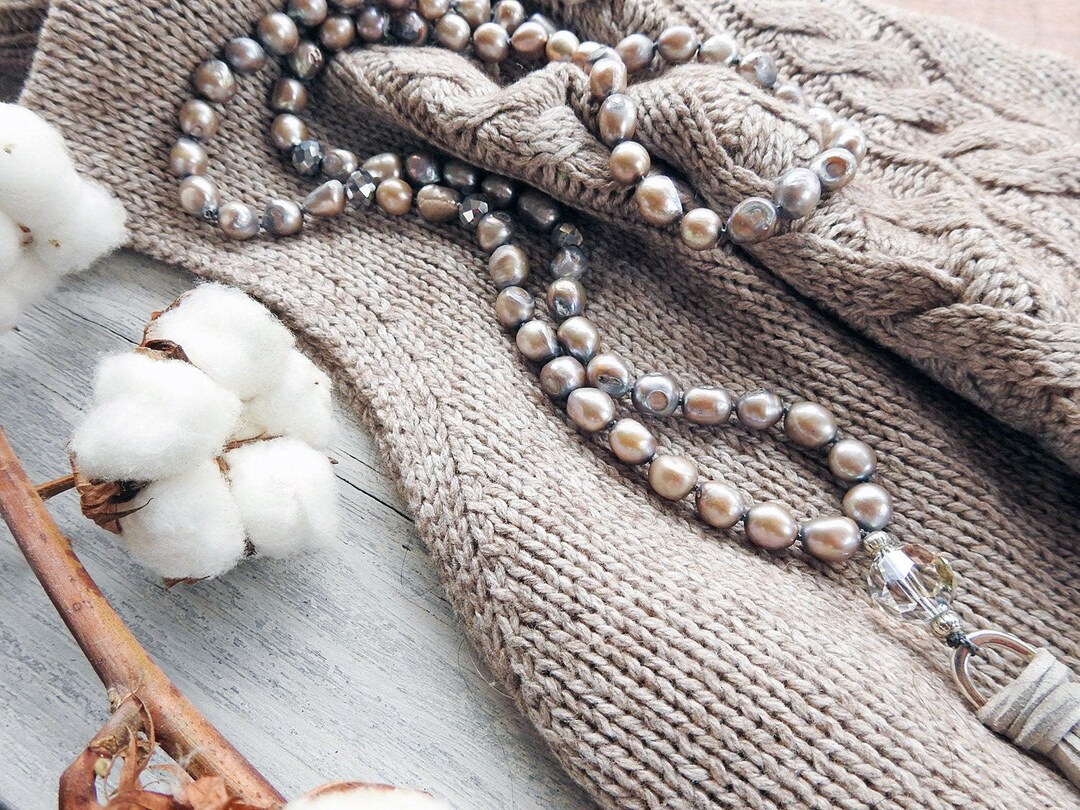 Knotted Pearl Necklace Tassel Gray Freshwater Pearl Silver Etsy