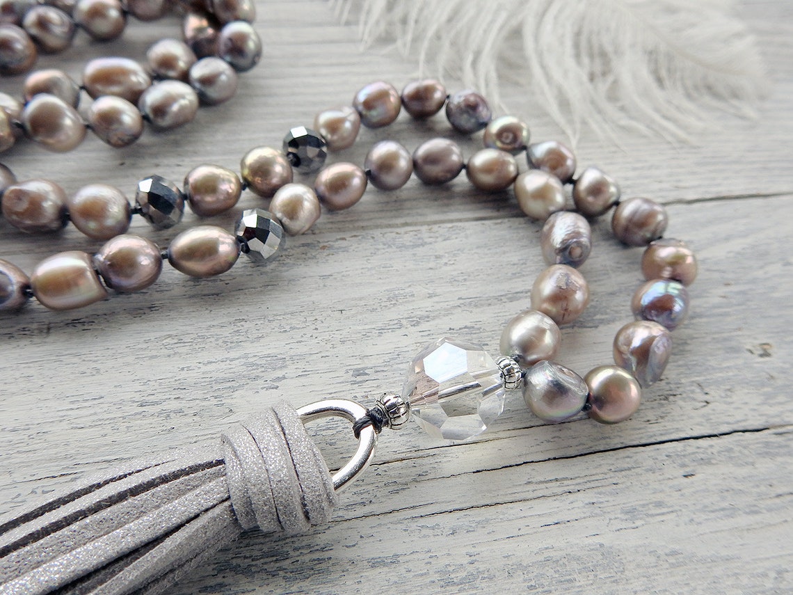 Knotted Pearl Necklace Tassel Gray Freshwater Pearl Silver Etsy