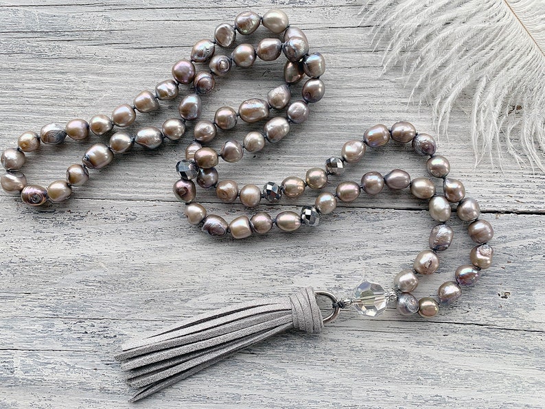 Knotted Pearl Necklace Tassel Gray Freshwater Pearl Silver Etsy