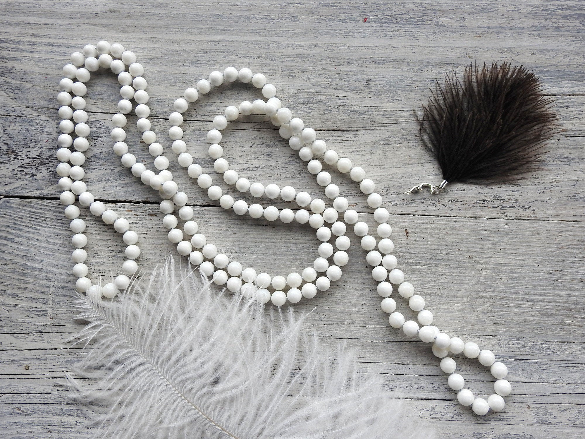 Extra long white beaded necklace / Natural shell necklace / | Etsy