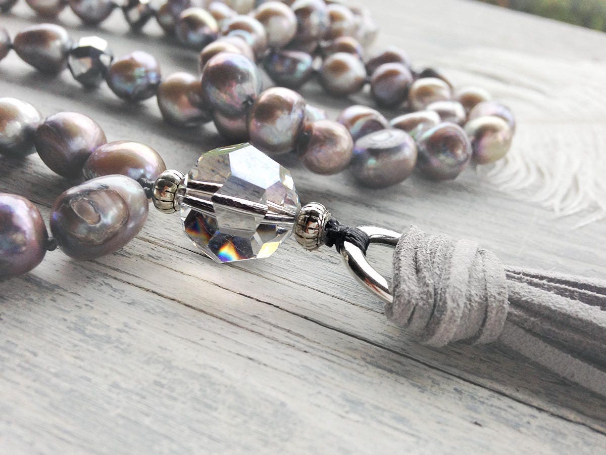 Knotted Pearl Necklace Tassel Gray Freshwater Pearl Silver Etsy