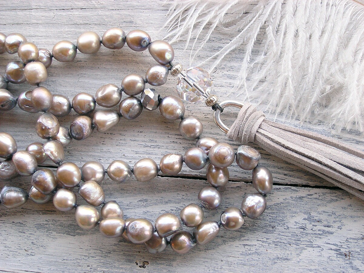 Knotted Pearl Necklace Tassel Gray Freshwater Pearl Silver Etsy