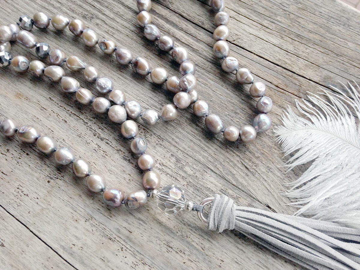 Knotted Pearl Necklace Tassel Gray Freshwater Pearl Silver Etsy