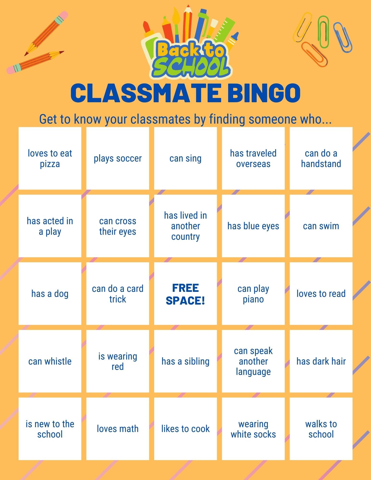Back to School Classmate Bingo - Instant Download (printable) - Etsy