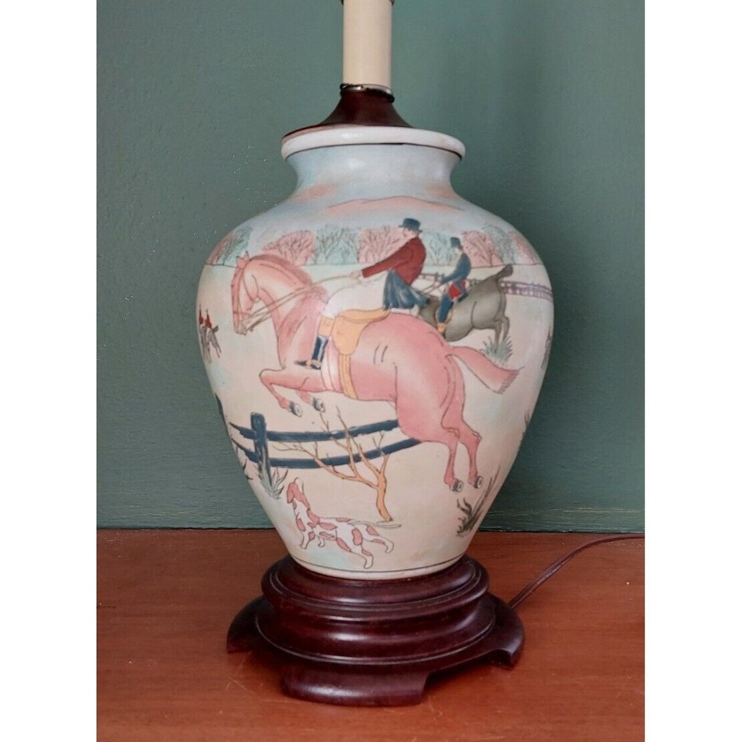 Vintage Hunt Scene Lamp Ceramic Ginger Jar Wood Base - Etsy