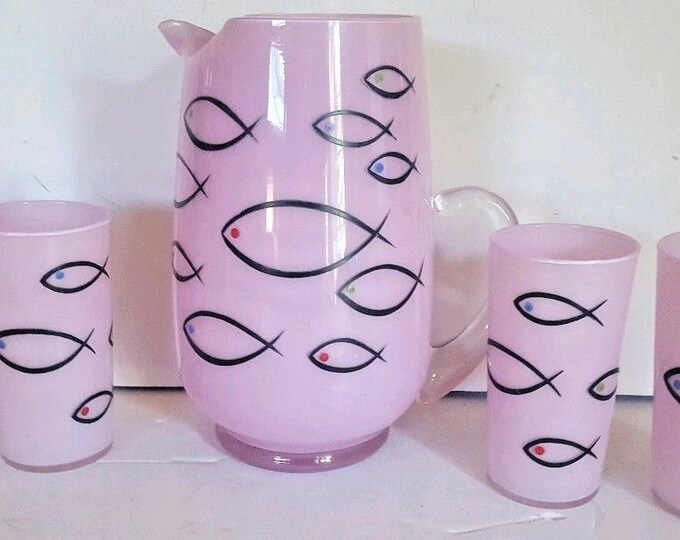 Mid-century Atomic Fish Pink Pitcher and 4 Glasses Set by Federal Glass ...