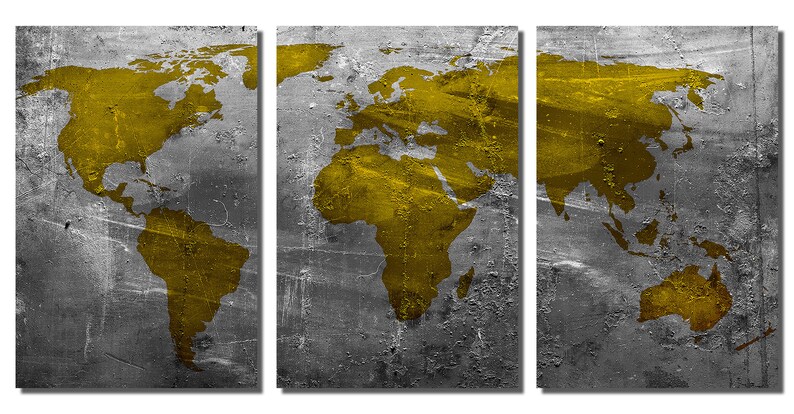 Metal Print - Abstract Metallic Gold World Map - 3 Panel Split ...