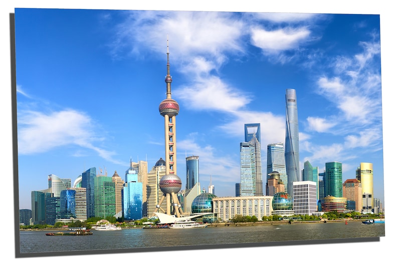 Metal Prints - Blue Shanghai Skyline, China - 3 Panel Split Triptych ...