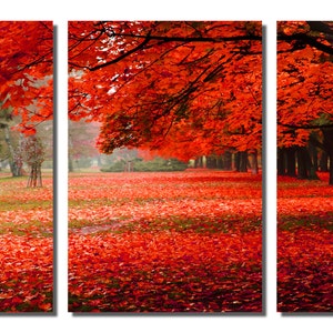 Metal Print - Red Autumn in the Park - 3 Panel Split, Triptych - Metal ...