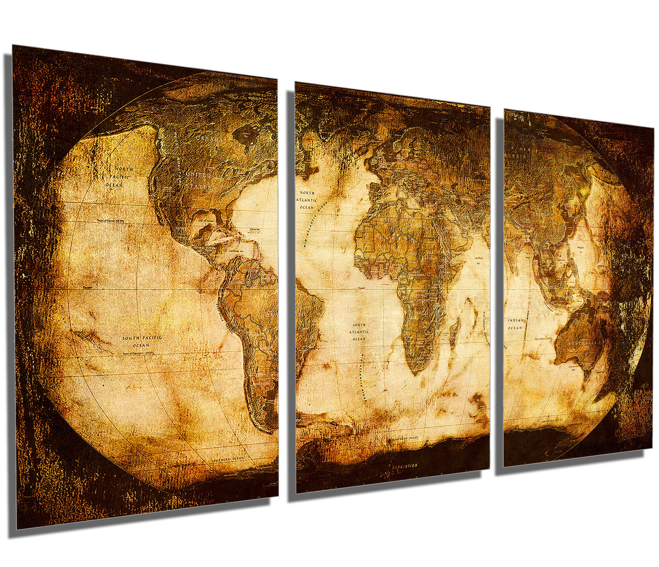 Metal Prints Rustic World Map 3 Panel split Triptych | Etsy