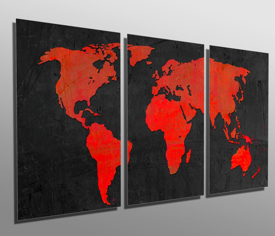 Metal Print Black and Red World Map 3 Panel Split - Etsy