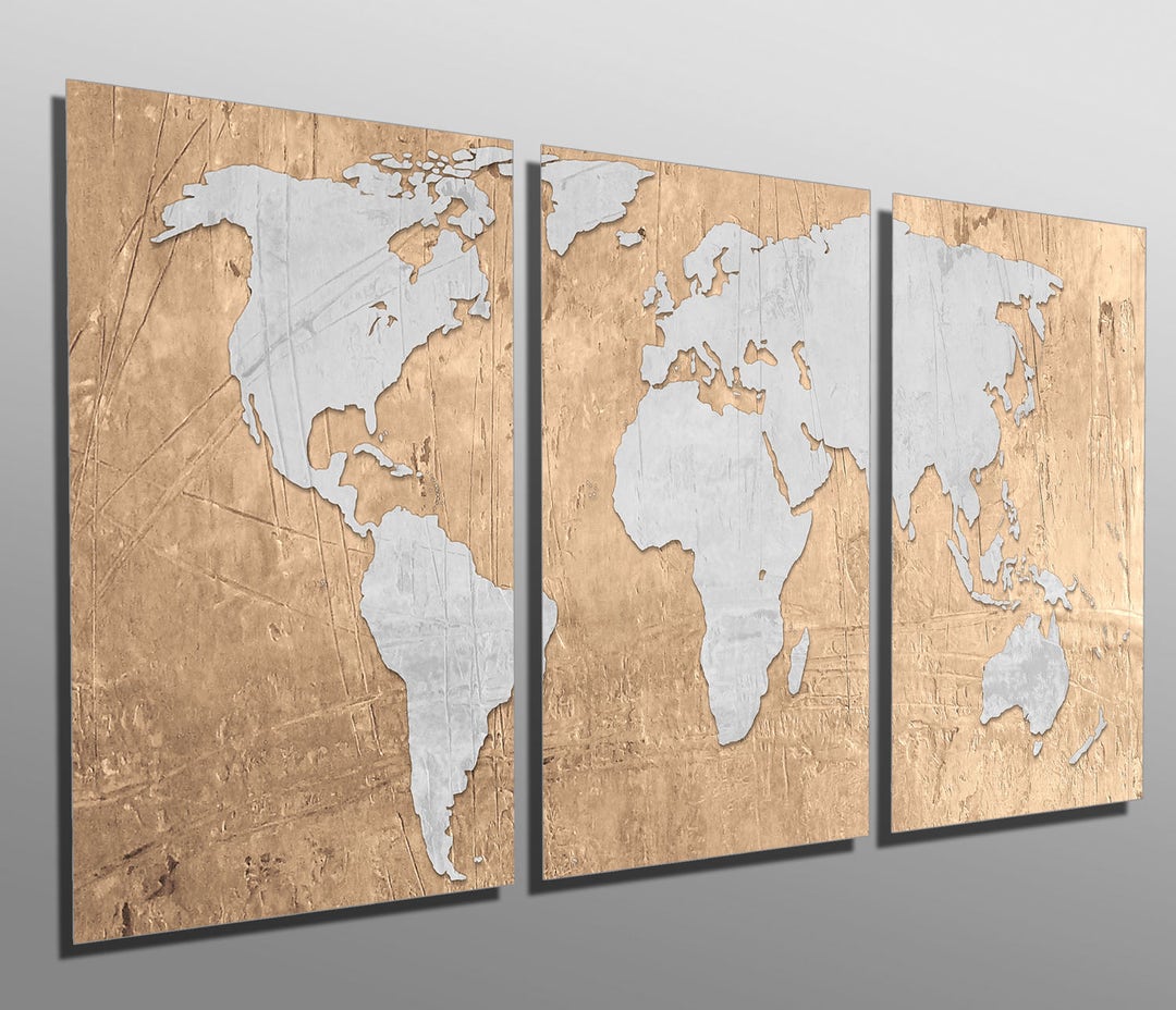 Metal Prints - Raffia Beige World Map - 3 Panel Split, Triptych - Metal ...