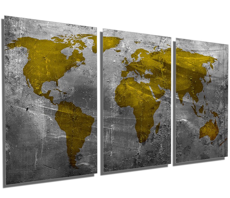 Metal Print - Abstract Metallic Gold World Map - 3 Panel Split ...