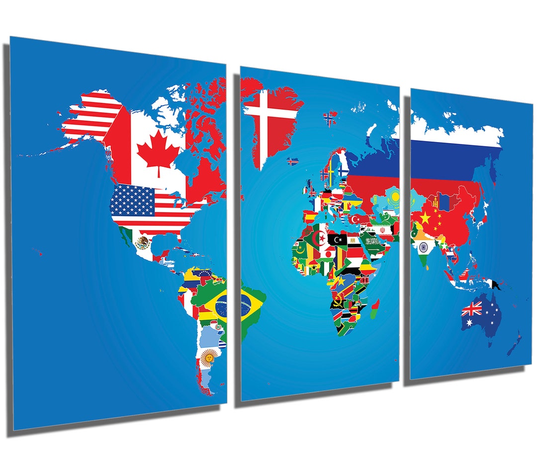 Metal Print - Wold Map of Flags - 3 Panel Split (triptych) - Metal Wall ...