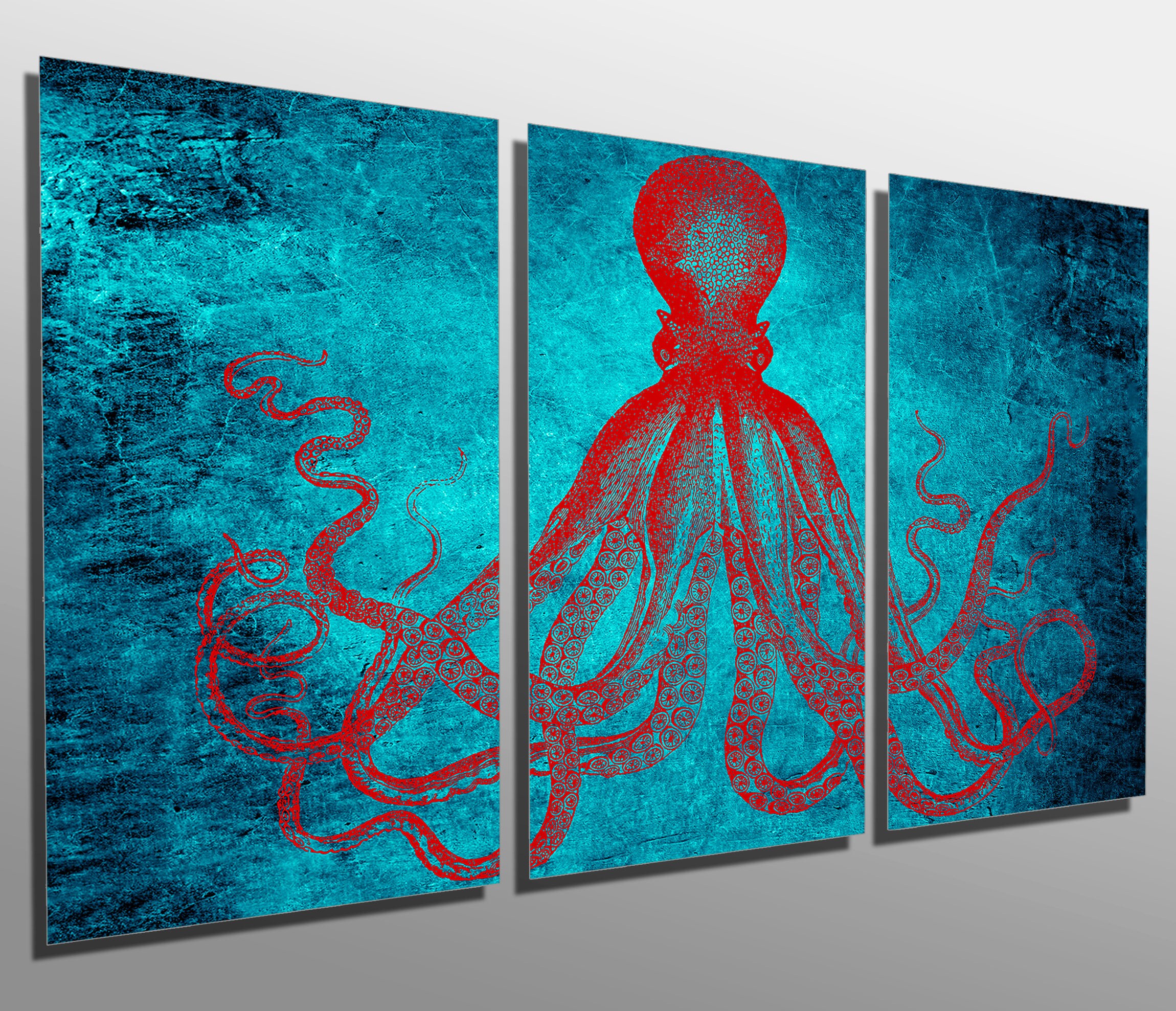 Metal Print - Lord Bodner Octopus Triptych - Blue & Red - 3 Panel Split ...