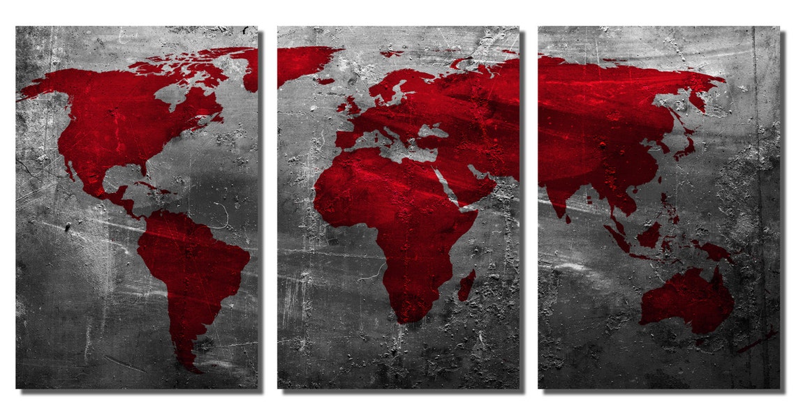 Metal Prints Abstract Deep Red World Map 3 Panel Split | Etsy
