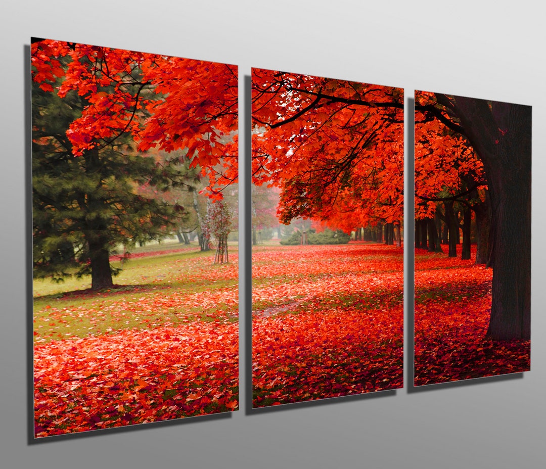 Metal Print - Red Autumn in the Park - 3 Panel Split, Triptych - Metal ...