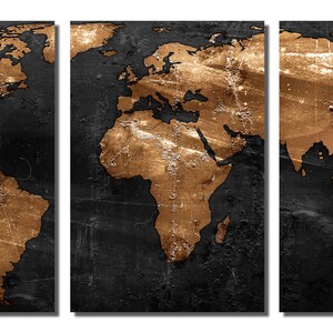 Metal Prints - Abstract Black Bronze World Map - 3 Panel Split ...