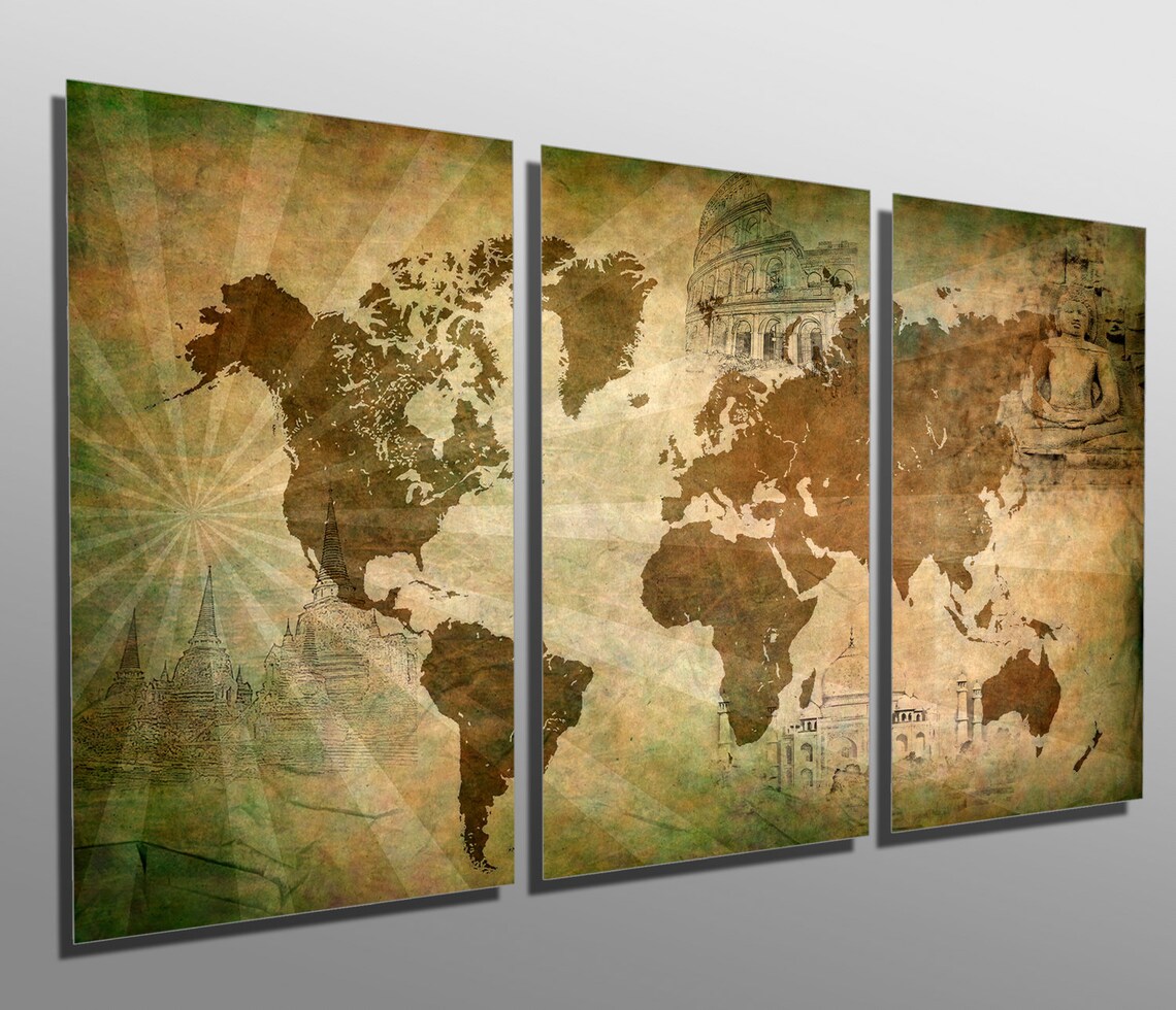 Metal Print - Landmark World Map - 3 Panel Split (triptych) - Metal ...