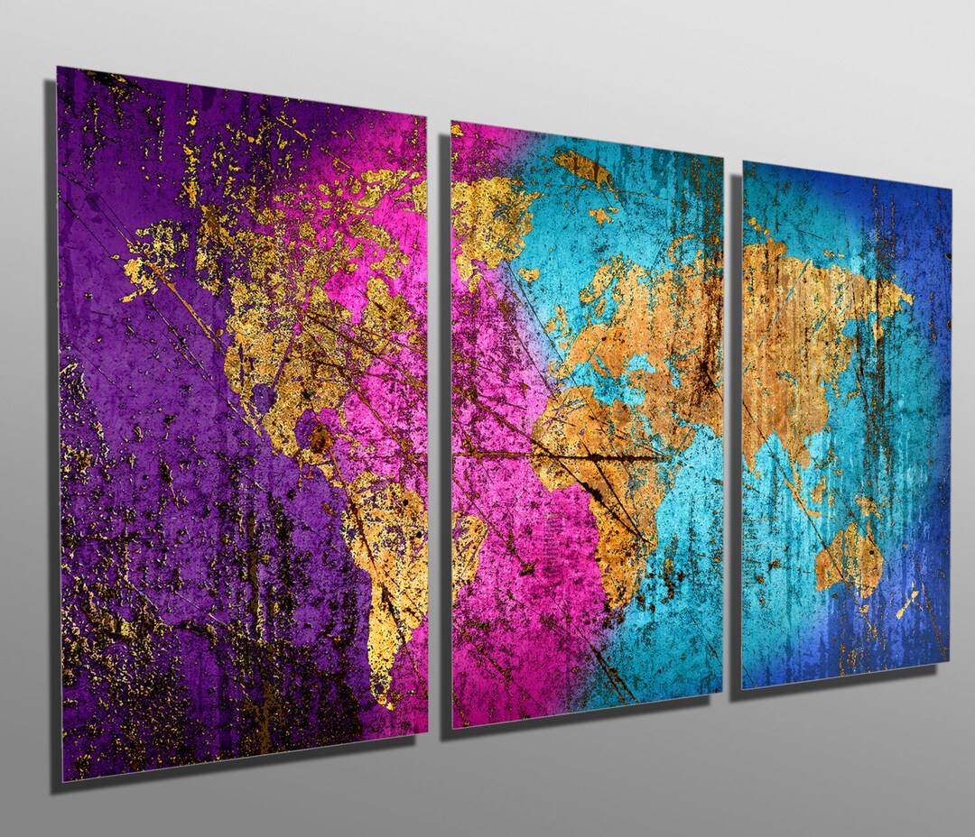 Metal Prints - Abstract Mixed Art World Map - 3 Panel Split (triptych ...