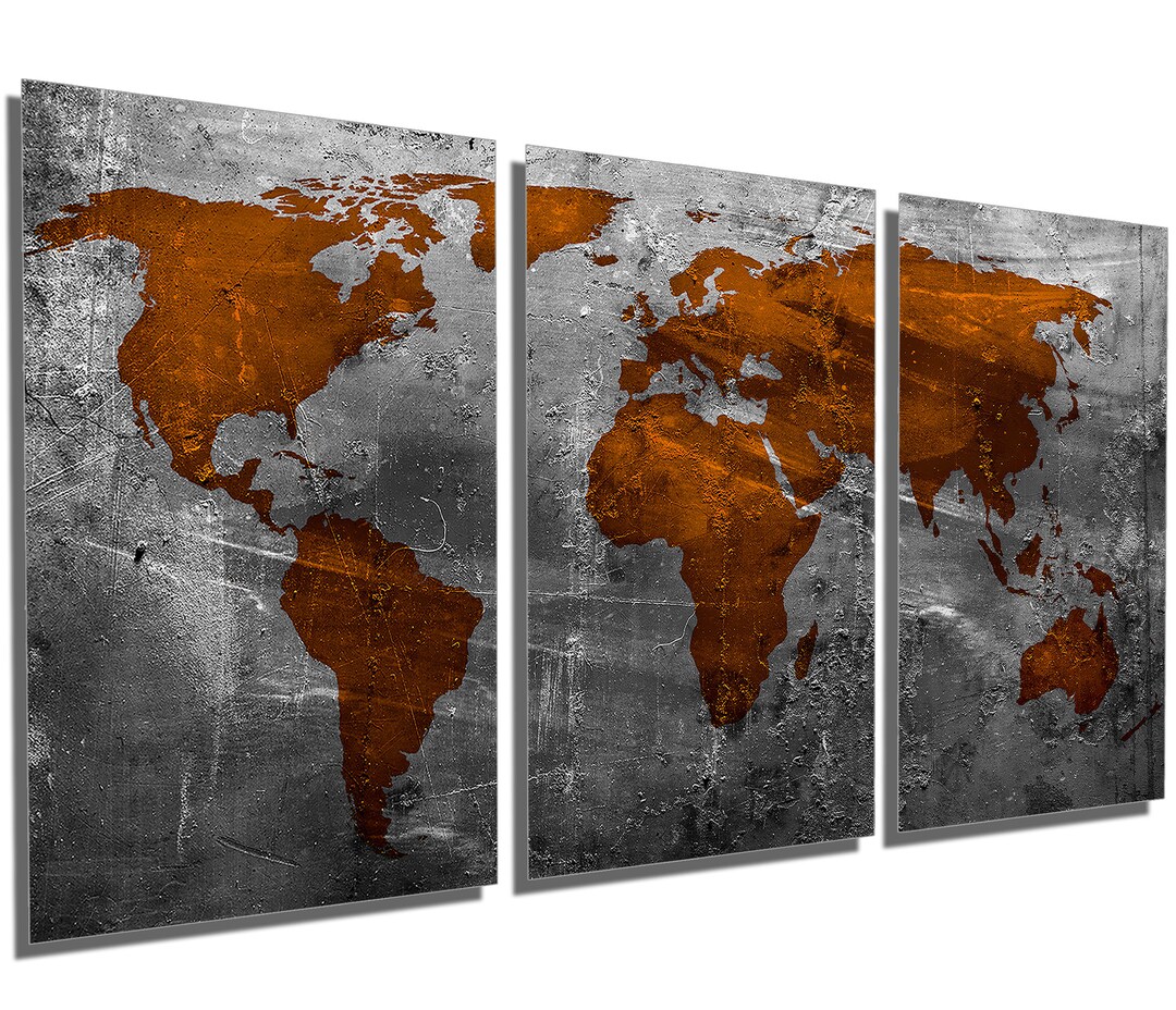 Metal Prints - Abstract Russet World Map - 3 Panel Split, Triptych ...