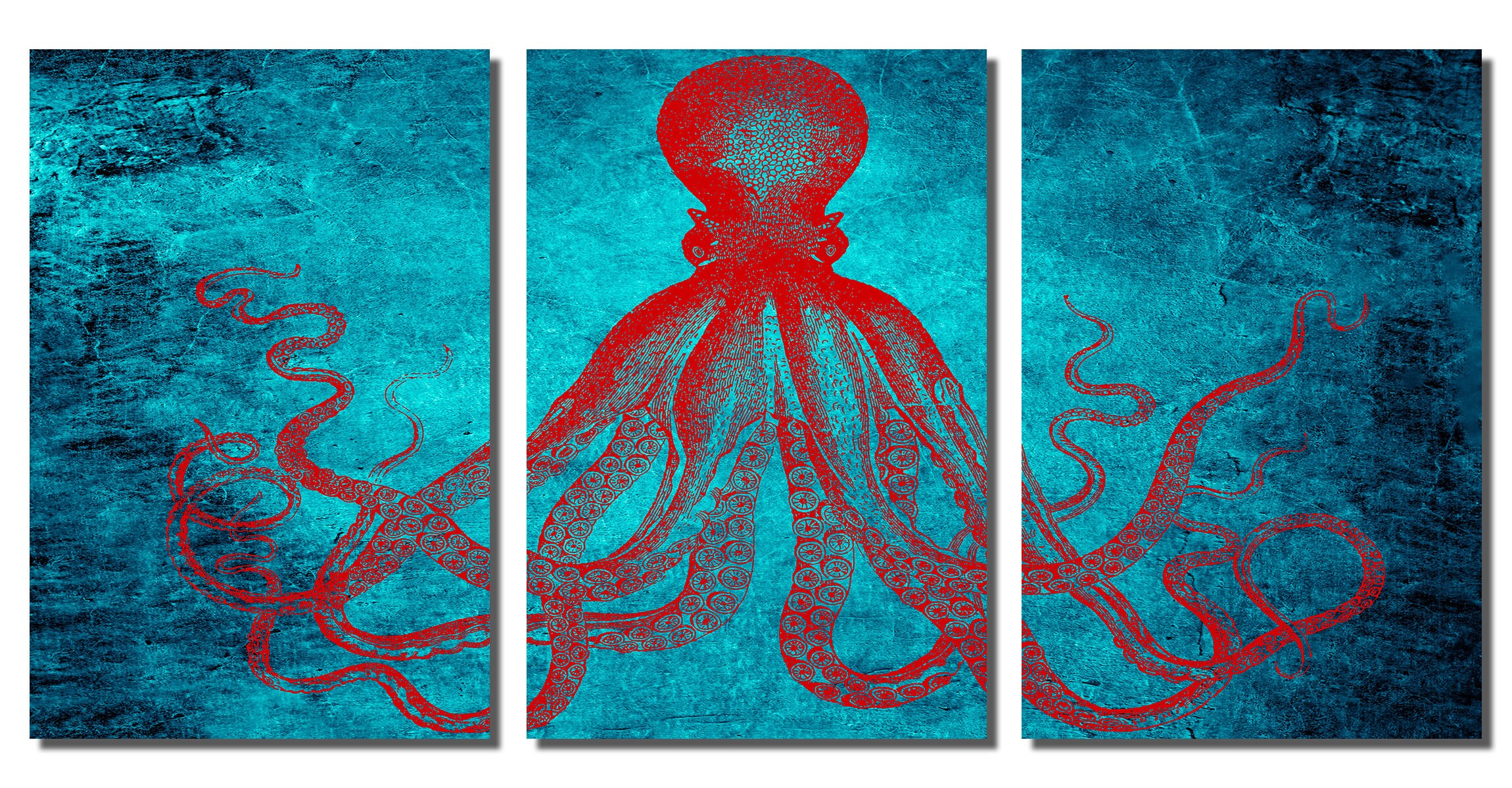 Metal Print - Lord Bodner Octopus Triptych - Blue & Red - 3 Panel Split ...