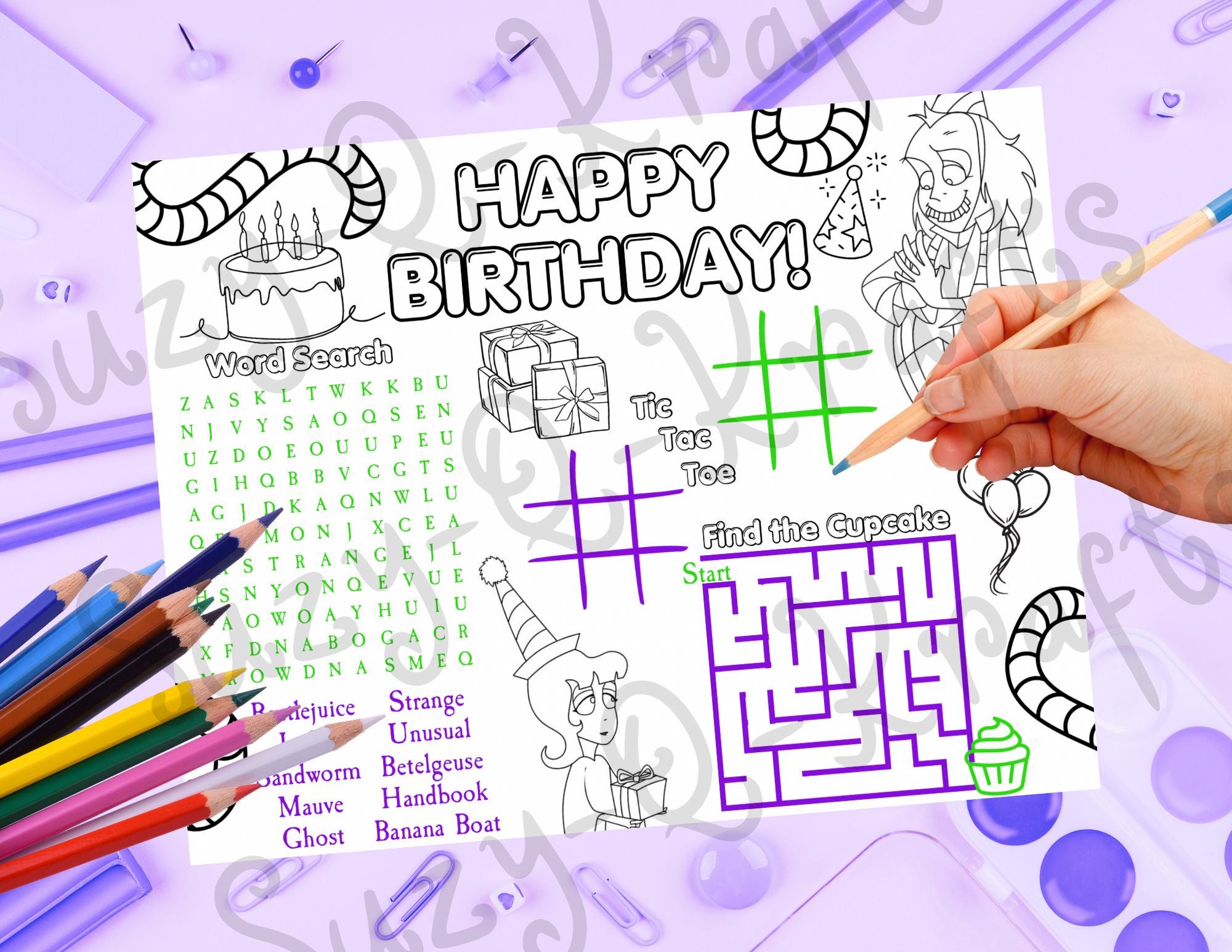 Printable Happy Birthday Coloring Activity Sheet, Kids Beetle Placemat ...