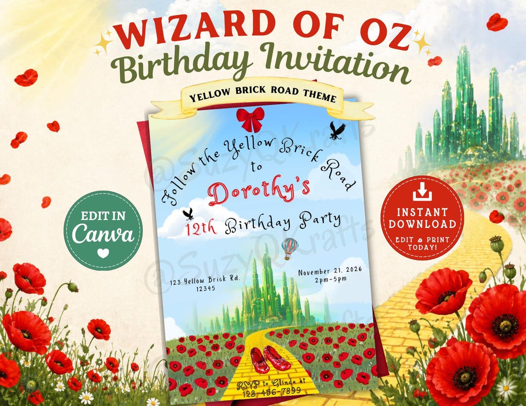 Editable Wizard of Oz Birthday Invitation Template, Printable Party ...